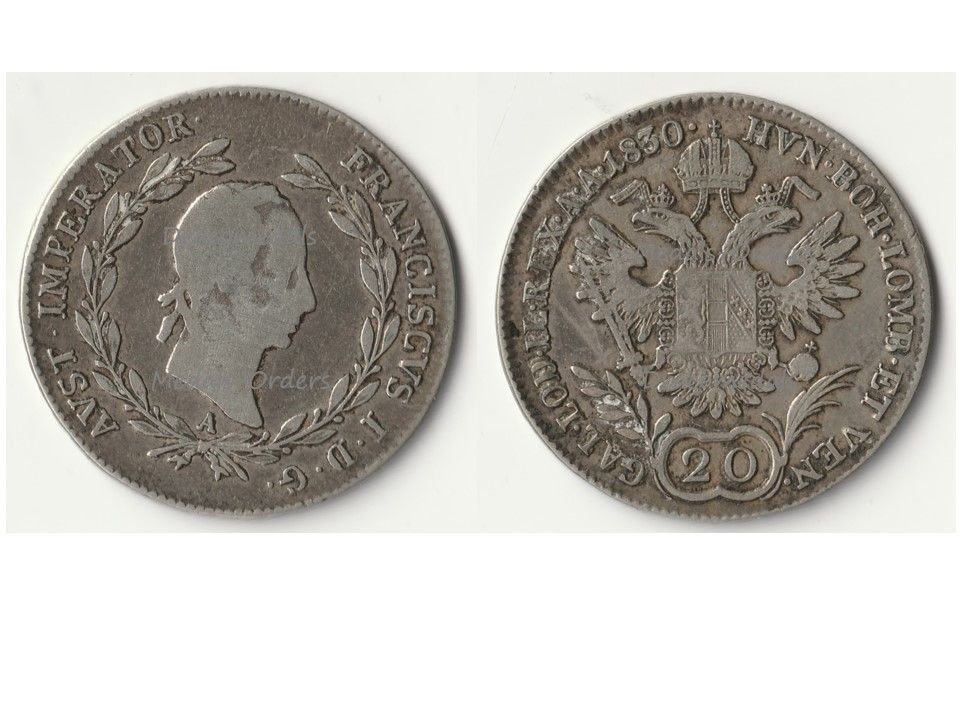 Austria Silver 20 Kreuzer Coin 1830A – Kaiser Franz I - Dracomedals ...