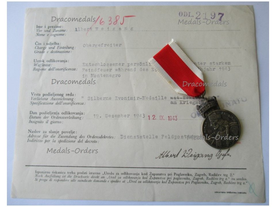 Croatia WWII Order Crown King Zvonimir Silver Medal Diploma pmo05121 ...