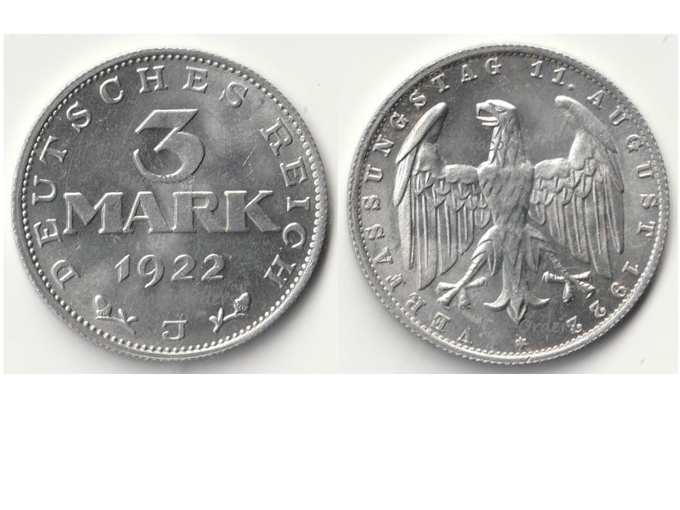 Germany 3 Mark Coin 1922 J Constitution Day 11 August, Aluminum, Weimar ...